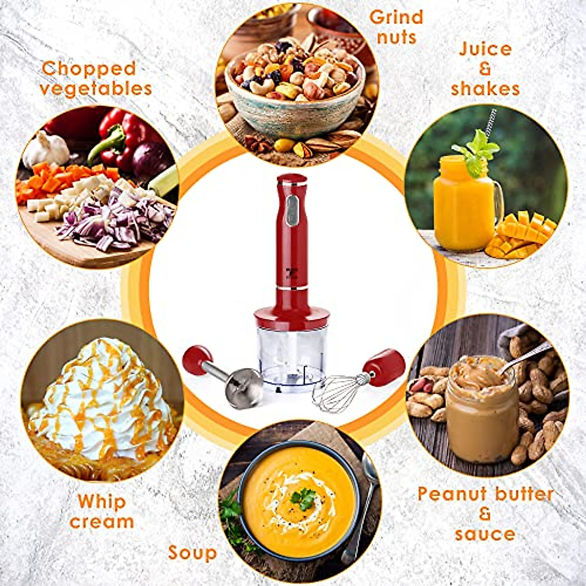 Moss & Stone Hand Blender Electric - With Egg Whisk & Chopper, Powerful 300- Watt - Immersion Hand Blender, Hand Mixer Set Stainless Steel Shaft & Blades, Handheld Blender With Ergonomic Handle, Red Blender