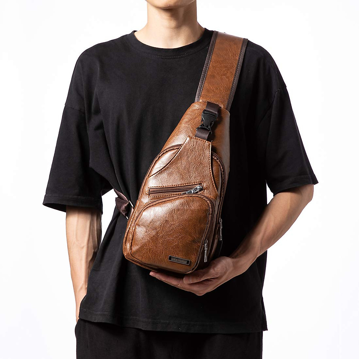 Men's Leather Sling Bag Multipurpose Daypack Shoulder Chest Crossbody Bag Black