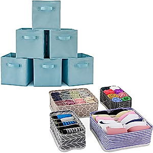 EZOWare Bundle Kit 6 Pcs Light Blue Collapsible Fabric Cube Storage Bin Baskets + 4 Closet Wardrobe Dresser Drawer Organizer Divider For Organizing Nursery Baby Clothes