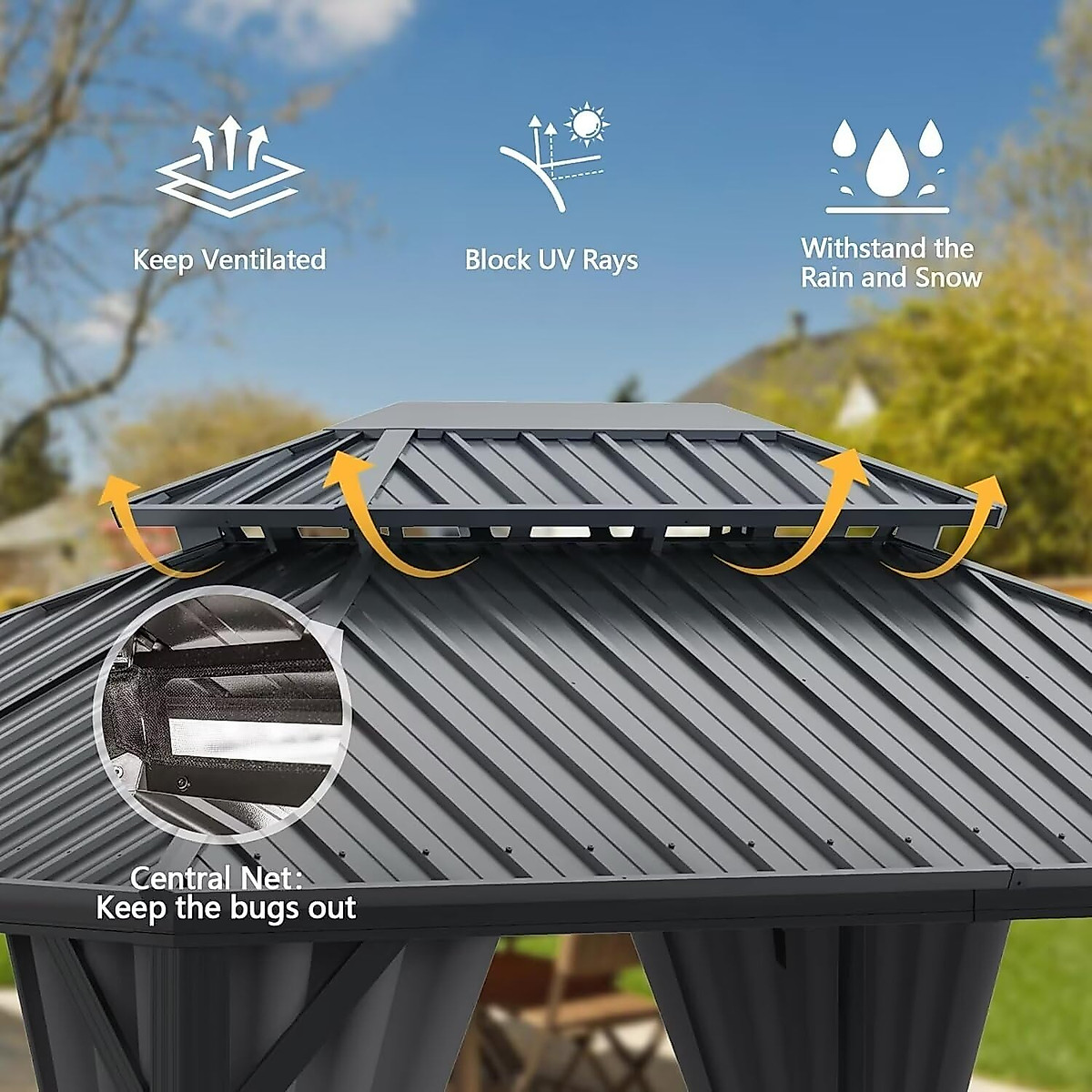 Domi 10’ X 14’ Hardtop Gazebo Canopy with Netting & Curtains, Outdoor Aluminum Gazebo with Galvanized Steel Double Roof for Patio Lawn and Garden, Gray