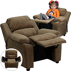 EMMA + OLIVER Deluxe Padded Brown Microfiber Kids Recliner with Storage Arms