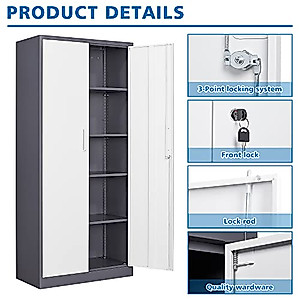 BYNSOE Metal Storage Cabinet Steel Locker Cabinets with Locking Door and 4 Adjustable Shelves, Steel Classic Storage Cabinet for Home, School, Office, Garage (Grey White)