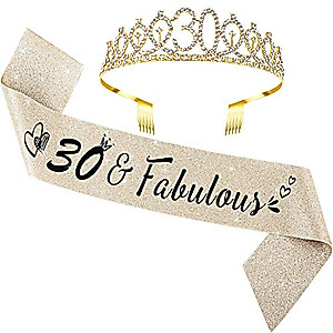 WILLBOND 30th Birthday Sash and Tiara Set 30 and Fabulous Satin Sash Gold Glitter Birthday Rhinestone Tiara Crown for 30th Party Supplies Favors Decorations