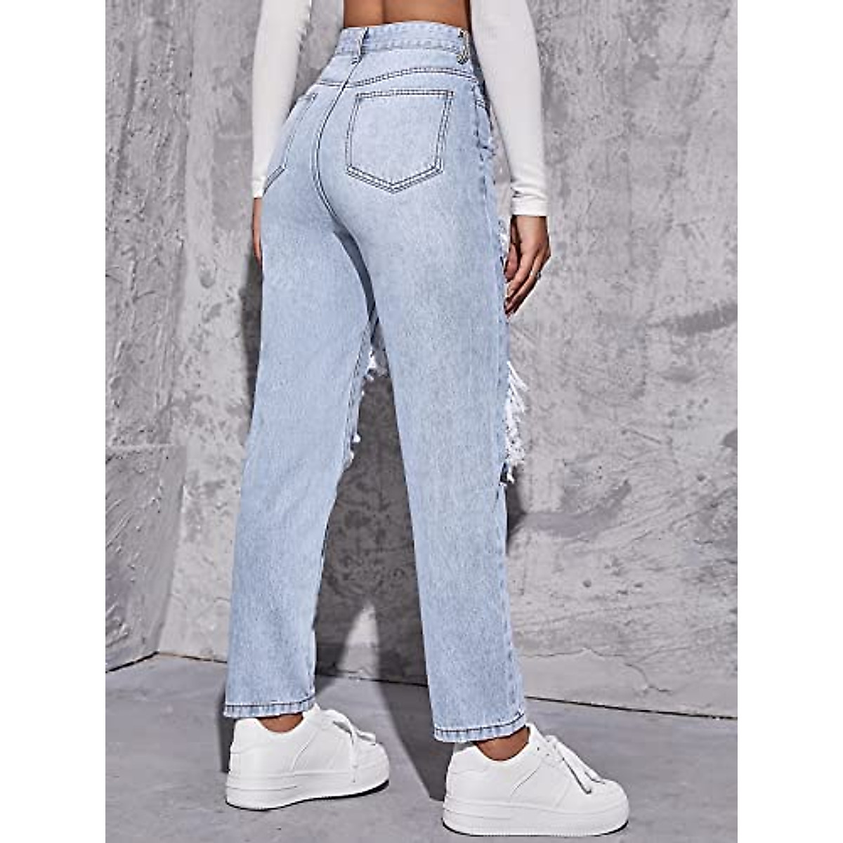 MakeMeChic Women's Ripped Mom Jeans High Waisted Distressed Denim Pants Light Wash M