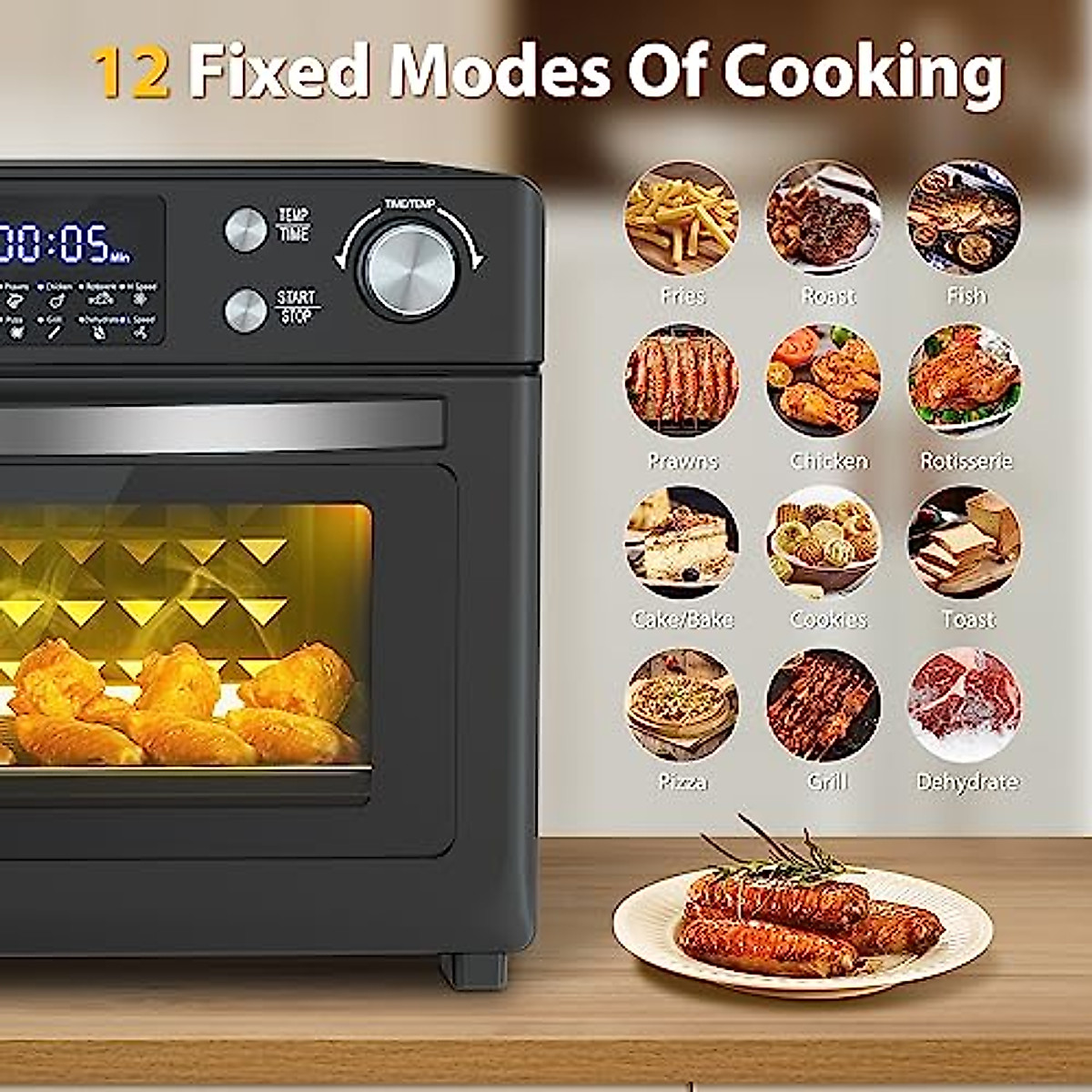 LifePlus Toaster Oven, 12-In-1 Convection Oven Countertop with Stainless Steel, 1700W Air Fryer Combo for Pizza Bread Grill, etc. 8 Gallon Capacity, Includes 6 Accessories