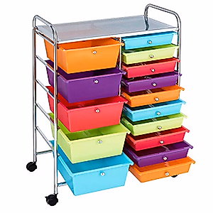 Giantex 15-Drawer Organizer Cart Office School Storage Cart Rolling Drawer Cart for Tools, Scrapbook, Paper (Multicolor)