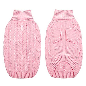 Queenmore Dog Turtleneck Sweater, Classic Cable Knit Cold Weather Thick Sweater for Small Medium Dogs (Pink, S)