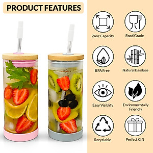 Mason Jars , Glass Tumbler ,Set of 2 24oz Drinking Glasses With Bamboo Lid And Straws , Cup Base , Straw Brush & Tips , Tumbler Carrier , Smoothie Cup , Iced Coffee, Boba Cup , Reusable Travel Cup