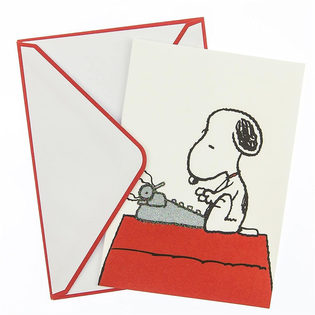 Graphique Peanuts Typewriter Boxed Notecards, 16 Snoopy at Typewriter Cards Embellished with Glitter, with Matching Envelopes and Storage Box, 3.25" x 4.75"