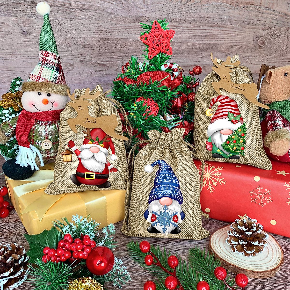 BORAMDO Christmas Burlap Gift Bags with Drawstrings 24Pcs, Watercolor 12 Designs Christmas Gnomes Linen Wrapping Bags, Small Christmas Treat Candy Bags for Holiday Party Favor Supplies…