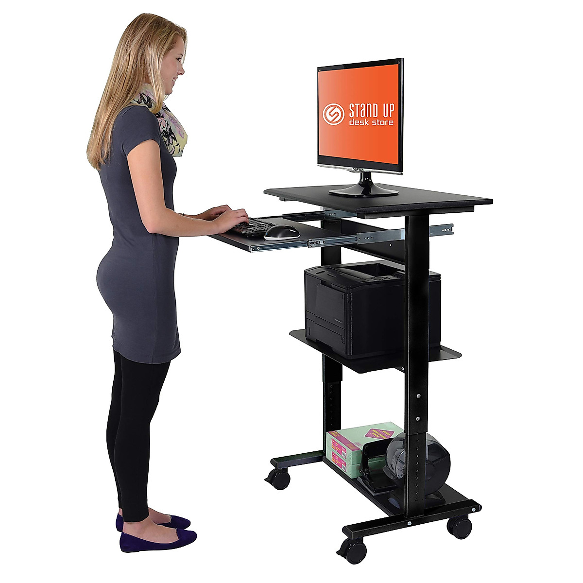 Stand Up Desk Store Mobile Rolling Adjustable Height Standing Workstation with Printer Shelf and Slideout Keyboard Tray (Black Frame/Black Top, 30" Wide)