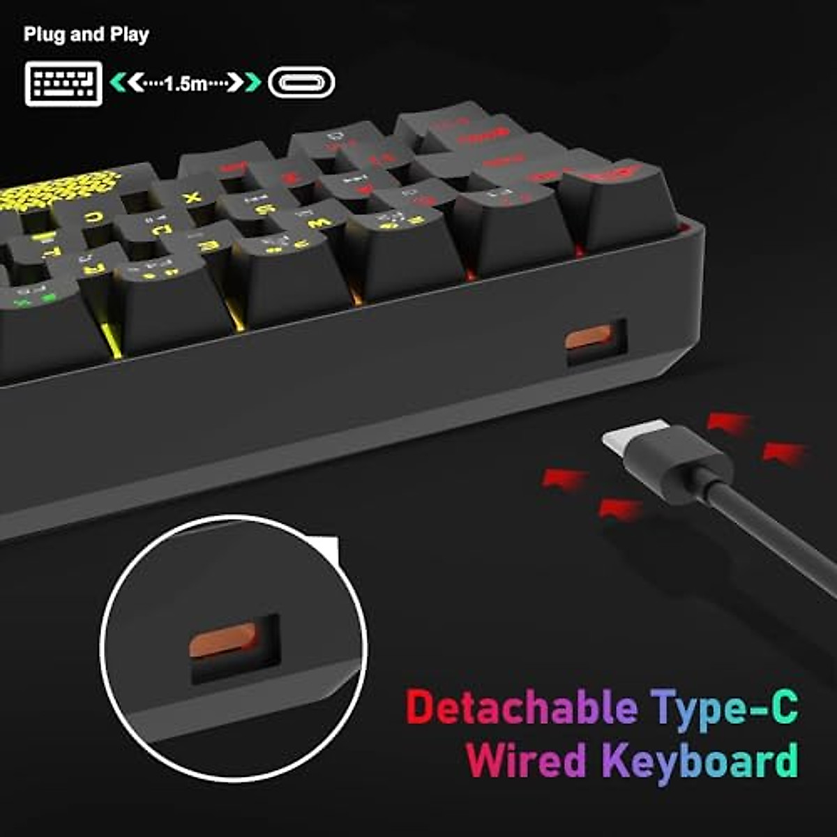 60% Compact Type c - Usb Wired Mechanical Keyboard UK, Blue Switch, RGB Backlit Rainbow LED, Anti-Ghosting, Media Keys, Laser carving, Ergonomic Aesthetic, for Computer PC Laptop PS4 XBOX - Black