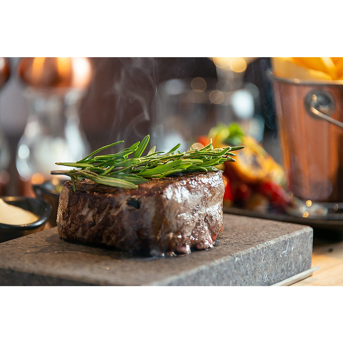 Black Rock Grill Steak Stone, Hot Stone Grill - Sizzling Hot Rock, Indoor Grill, Cooking Stone with Matt Black Ramekins and Side Plate (One Standard Set)