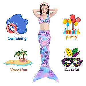 5Pcs Girls Swimsuit Mermaid Tails for Swimming Kids Bikini Costume Sets with Flower Headband (No Monofin) (DH48-P,7-8 Years)