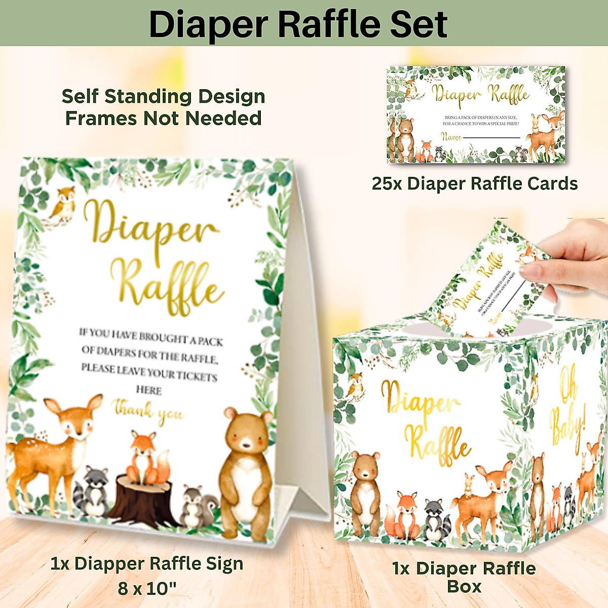 153 Pc Woodland Baby Shower Invitations For Boy And Girl With Envelopes, Baby Thank You Cards, Book Request Cards, Diaper Raffle Box With Ticket & Sign, Guess How Many Baby Shower Game -25 Guest Set