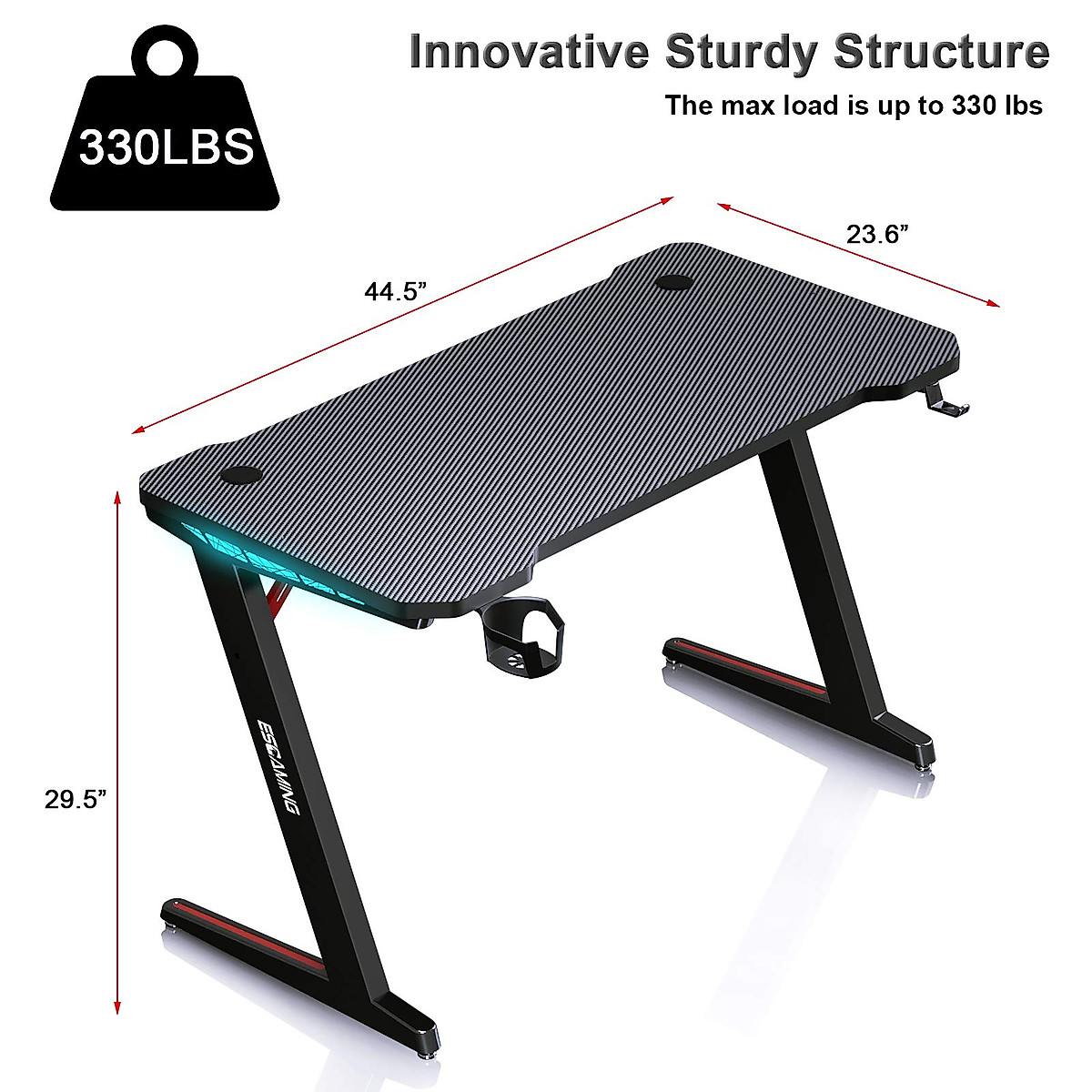 ESGAMING Gaming Desk with led Lights and USB Ports for Home Office and Gaming, RGB Gaming Table 44.5 inch Z Shaped Computer Desk with Cup Holder, Headphone Hook, Lighting Remote Controller, Black