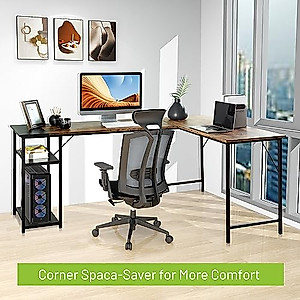 FurnitureR L-Shaped Home Office Computer Desk 66 inches Large Study Writing Student Laptop PC Gaming Corner Table with Shelves for Apartment Dormity Small Spaces, Brown