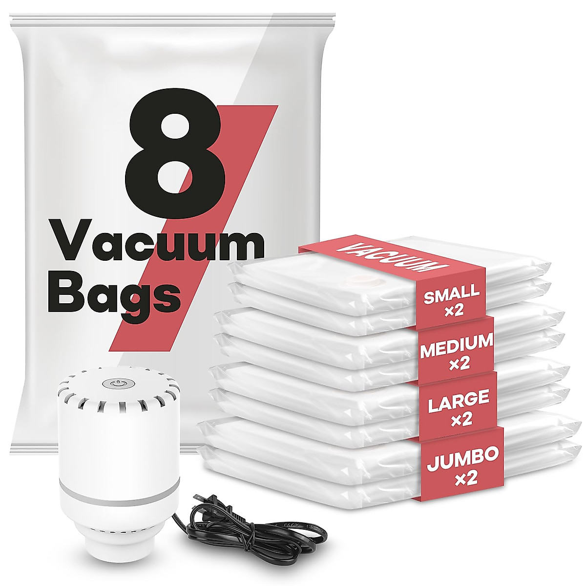 VMstr Travel Vacuum Storage Bags with Electric Pump, 8 Combo Vacuum Sealed Bags for Clothes and Clothing, Space Saver Bags and Luggage Packing Compression.