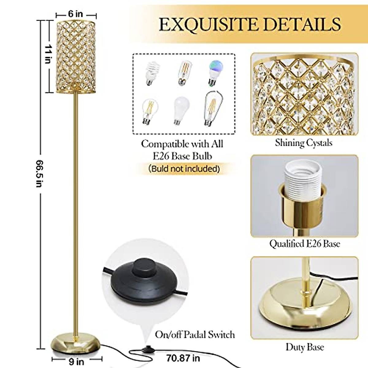 RAYINIGHT Gold Floor Lamp,Elegant Crystal Floor Lamp Modern Standing Lamp with On/Off Foot Switch,Tall Pole Accent Lighting for Living Room, Girl Bedroom, Dresser, Office