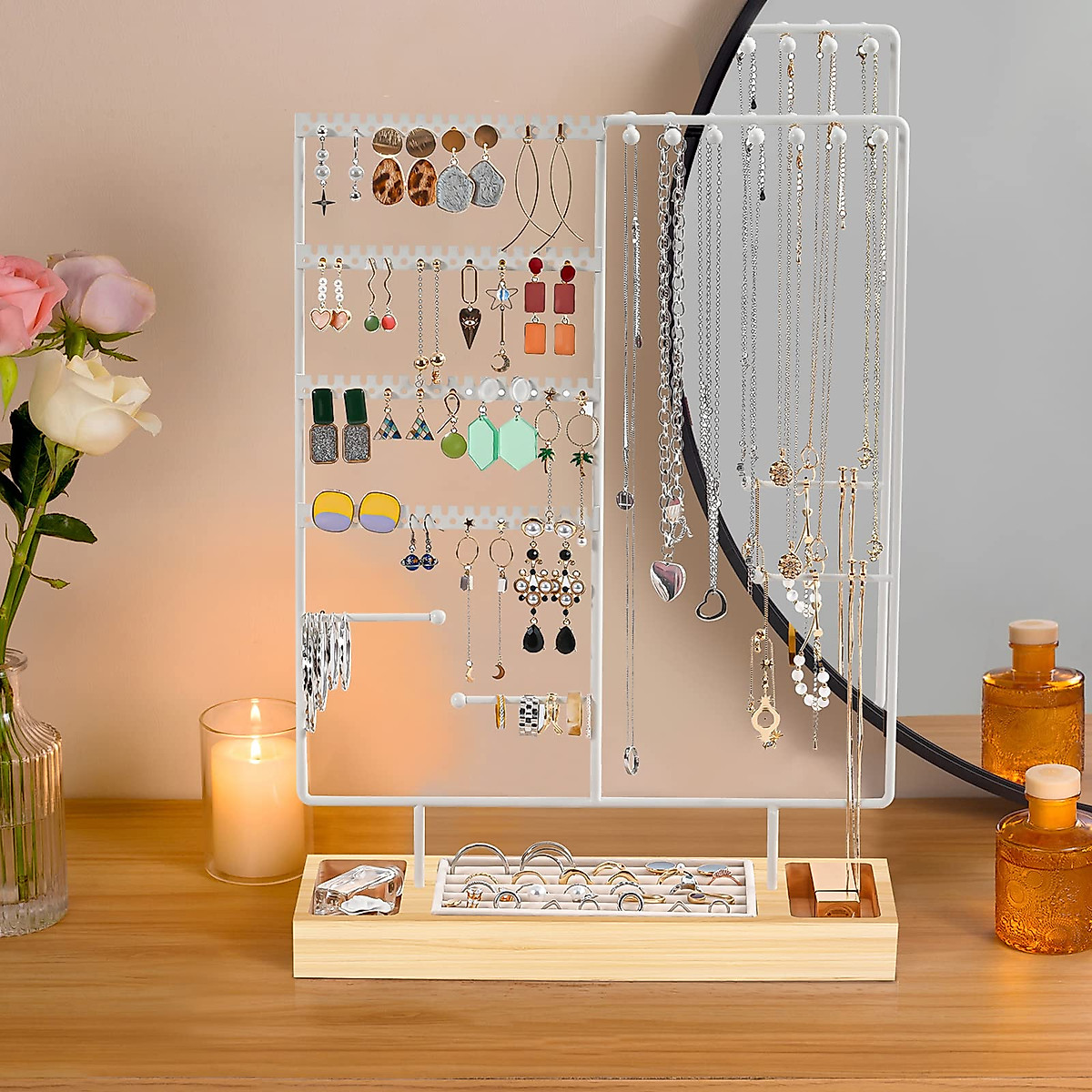 ProCase Jewelry Organizer Stand Earring Holder Organizer, 6 Tiers Earring Organizer Tree Necklace Rack Jewellery Tower Bracelets Holder Storage with Removable Wooden Ring Tray for Women Girls -White