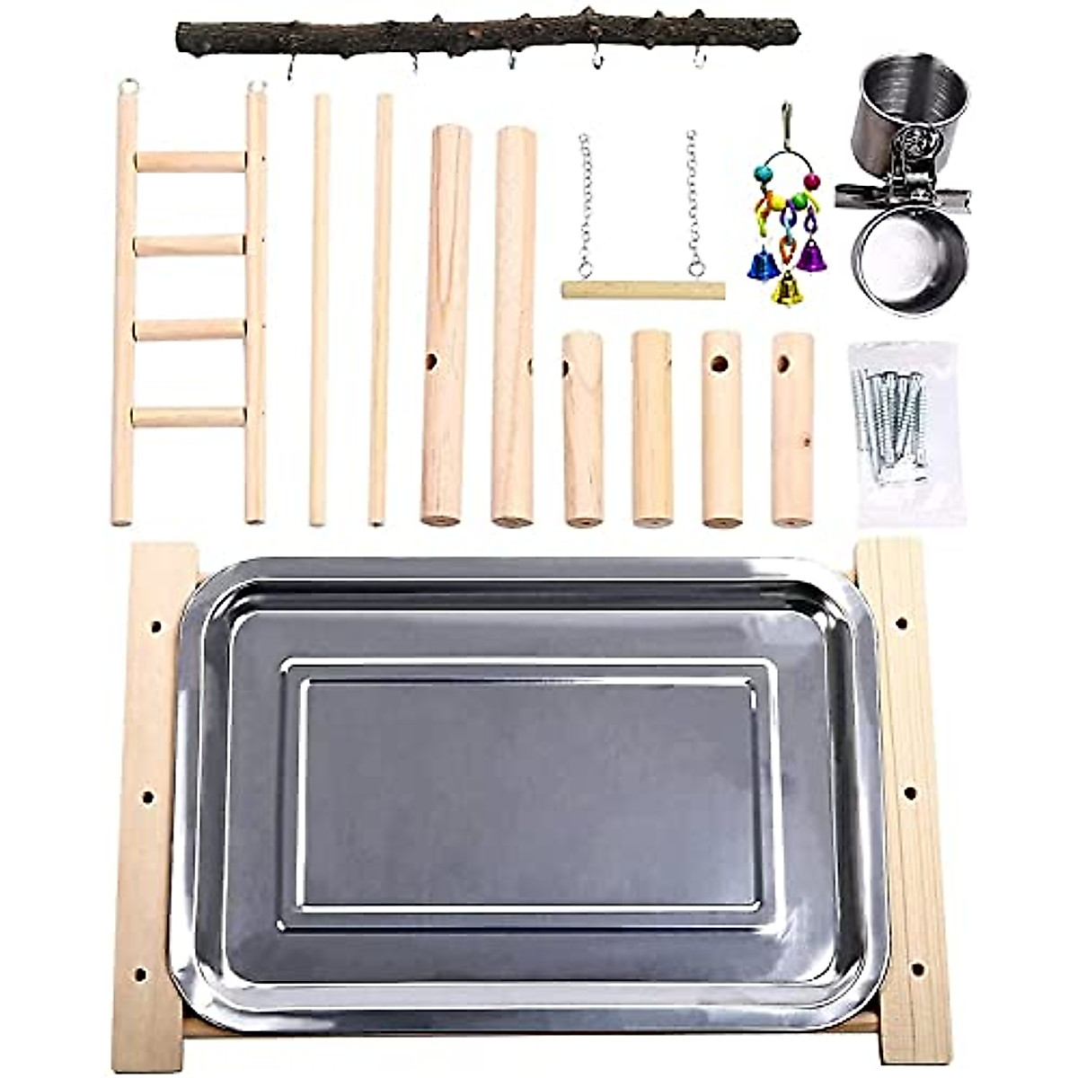 PINVNBY Bird Playground Birdcage Playstand Pet Bird Perch Platform Stand Parrot Play Gym Parakeet Cage Decor Budgie Perch Stand with Feeder Seed Cups Ladder Chew Toys for Small Animals Parrot Parakeet