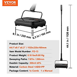 VEVOR Carpet Sweeper Manual, Floor Sweeper with 300 ml Dustbin Capacity Easy to Empty, for Home Office Carpets Pet Hair Dust, Black