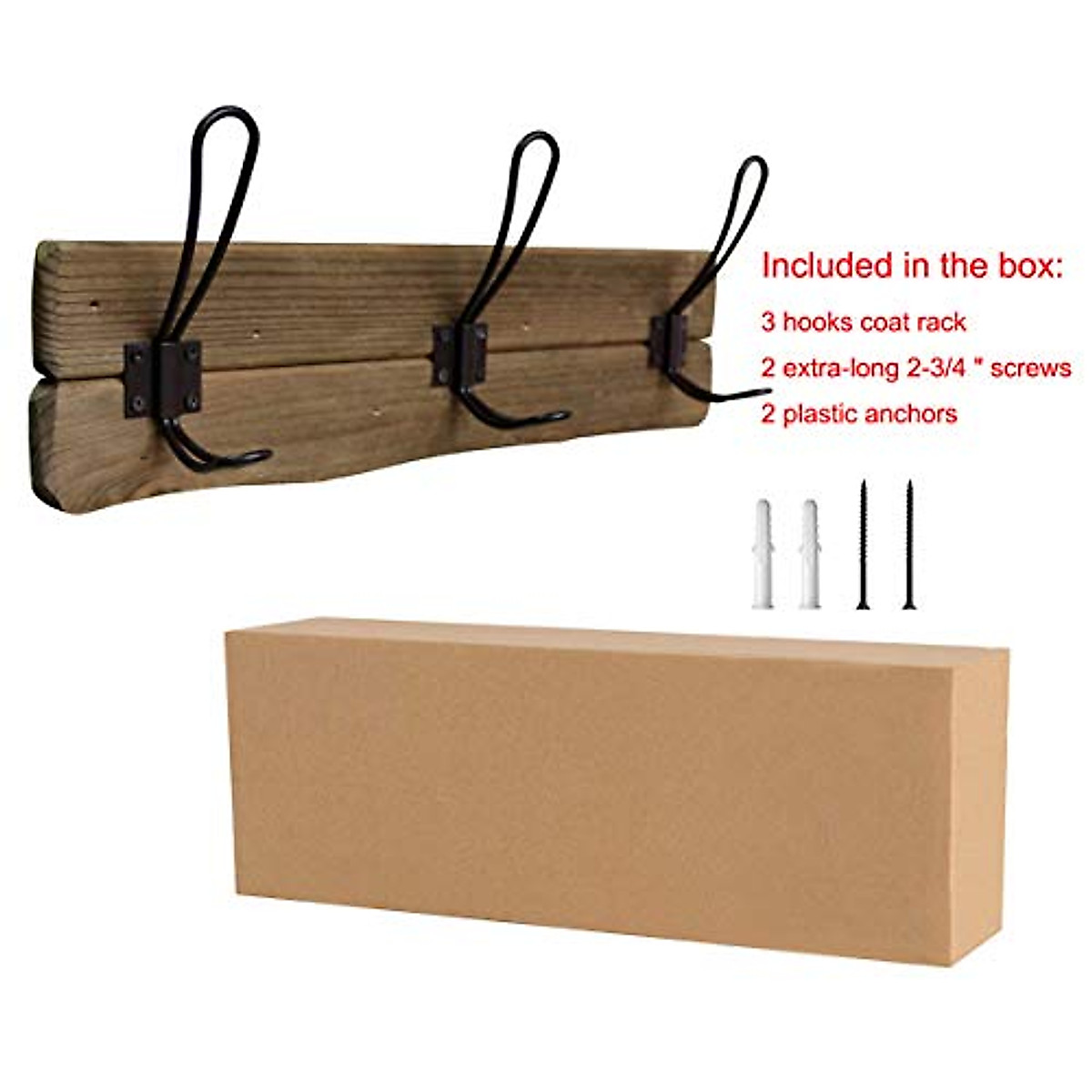 CVHOMEDECO. Rustic Solid Wood Wall Mounted Coat Rack with 3 Double Hooks Primitives Wooden Coat Hooks for Entryway, Kitchen, Bathroom. Brown.