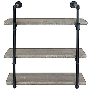 Sunnydaze 3-Tier Wall-Mount Bookshelf - Industrial Pipe Style Frame with Veneer Floating Shelves - Holds Books, Media, Storage Cubes, DVDs and More - Oak Gray