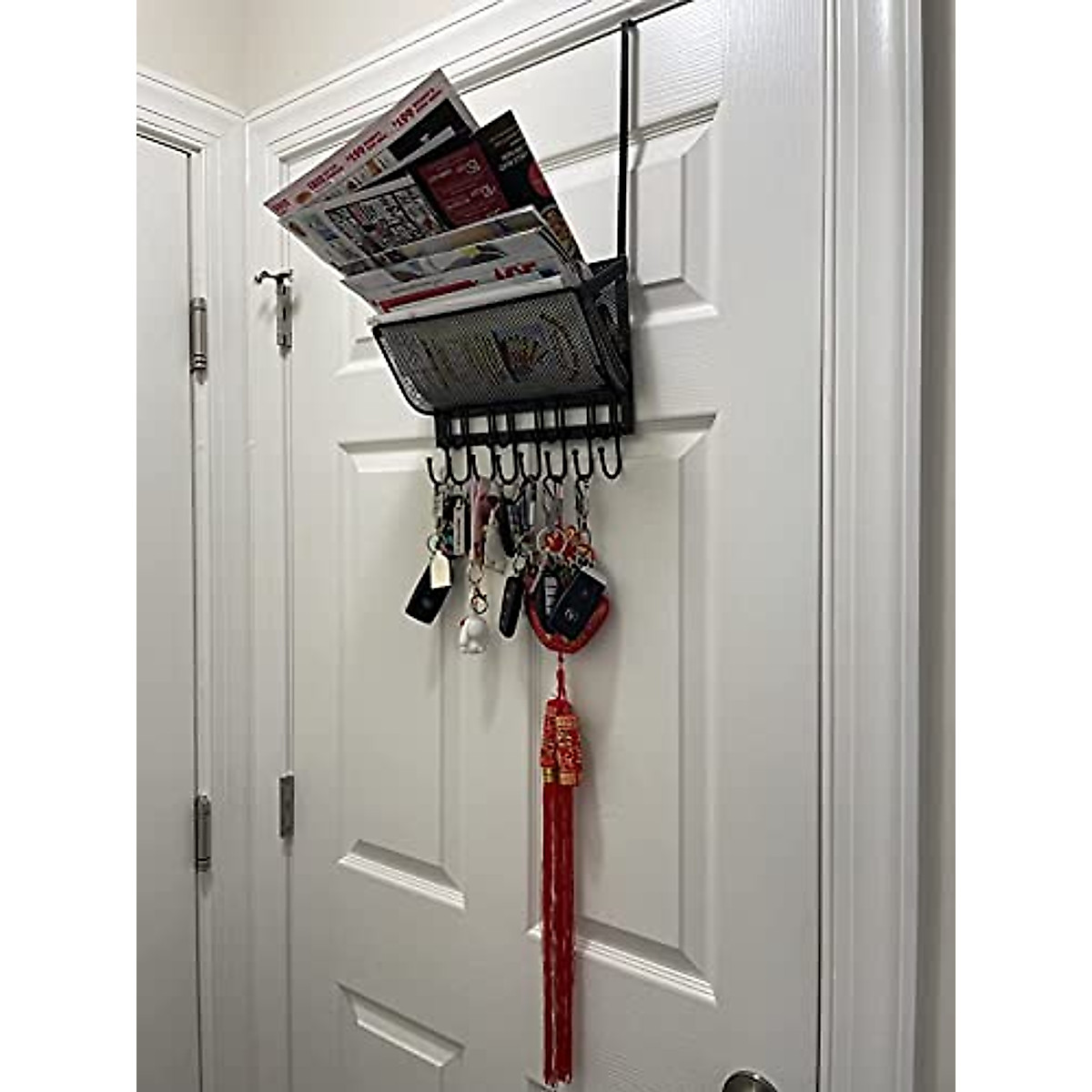 Giftgarden Over The Door Hooks Coat Rack with Wire Mesh Basket, 12 Hooks Door Hanger & Wall Mount Storage Organizer for Bathroom Bedroom Kitchen Cabinet Office Hanging, Black