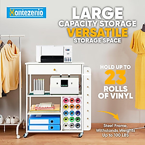 Rolling Cricut Craft Storage, Mobile Cricut Vinyl Organization Storage with 23 Vinyl Roll Holder, Craft Table Stand with Wheels, Crafting Cabinet Workstation with Large Drawers for Room Home Office