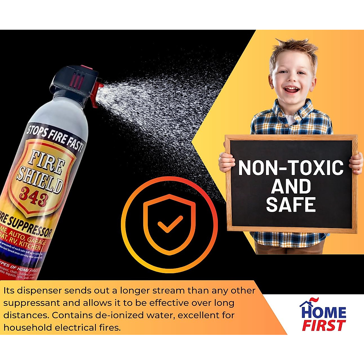 Fire Shield 343 - Home & MOBILE Use Aerosol Fire Suppressant Spray Foam Eliminates Gasoline, Kitchen Grease, Oil, Wood Fires. For Garage, House, Camping, RV & More