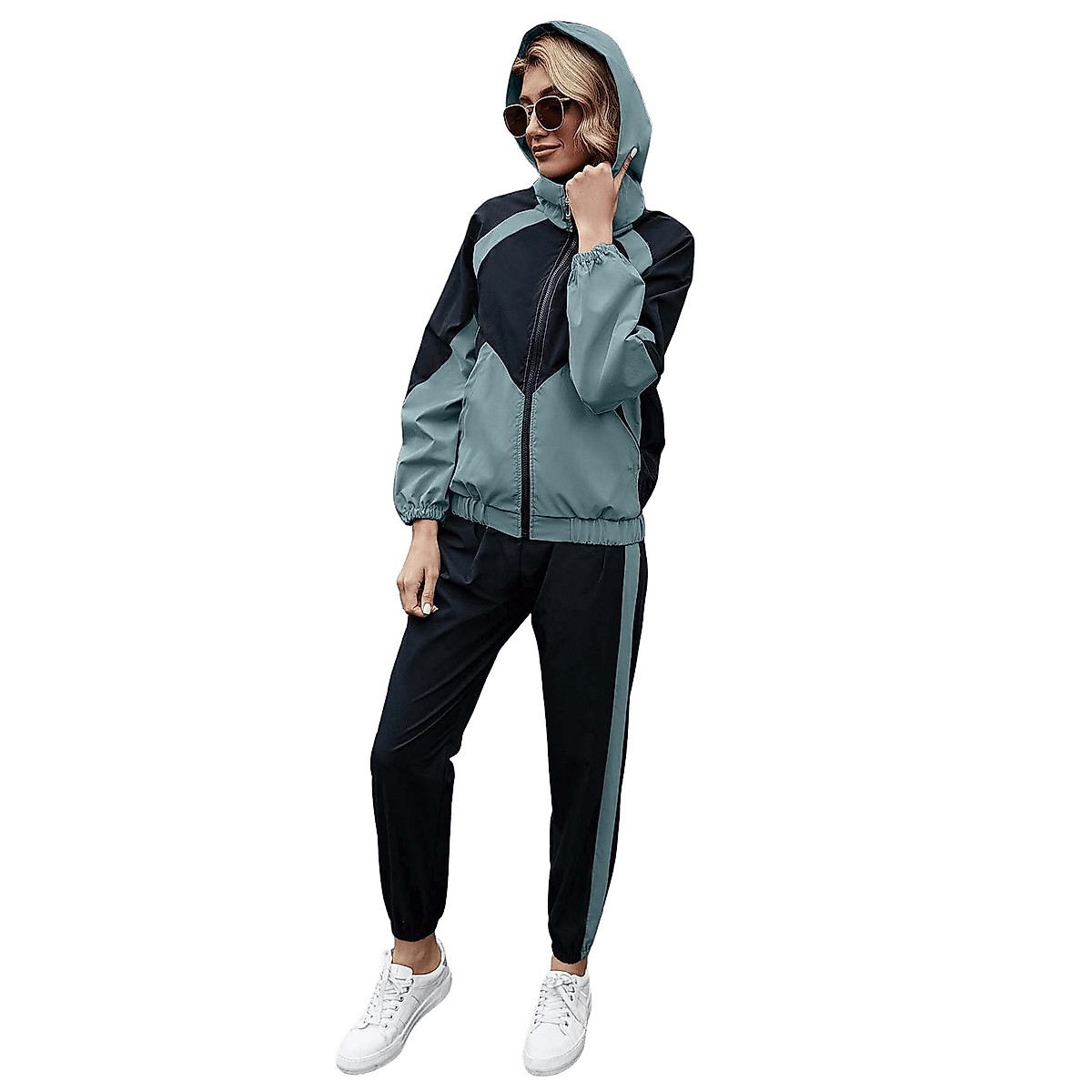 SweatyRocks Women's 2 Piece Outfits Long Sleeve Full Zip Jacket and Pants Tracksuit Set Green Black L