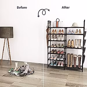 VTRIN Shoe Rack Shoe Organizer 7 Tier Shoe Rack for Entryway Holds 24-28 Pairs Shoe and Boots Shelf Organizer Storage Organizer Durable Metal with Side Hanging Shoe Pockets for Bedroom Black