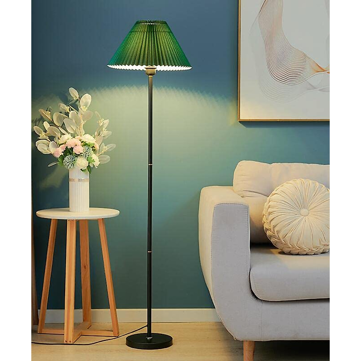 Black Pole Floor Lamp Simple Design Tall Lamp with Dark Green Shade Standing Lamp with LED Bulb for Living Room and Bed Room