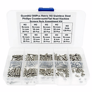 Guard4U 300Pcs Metric M2 Stainless Steel Phillips Countersunk/Flat Head Machine Screws Nuts Assortment Kit- M2x 4mm/ 6mm/ 8mm/ 10mm/ 12mm/ 14mm/ 16mm/ 18mm/ 20mm