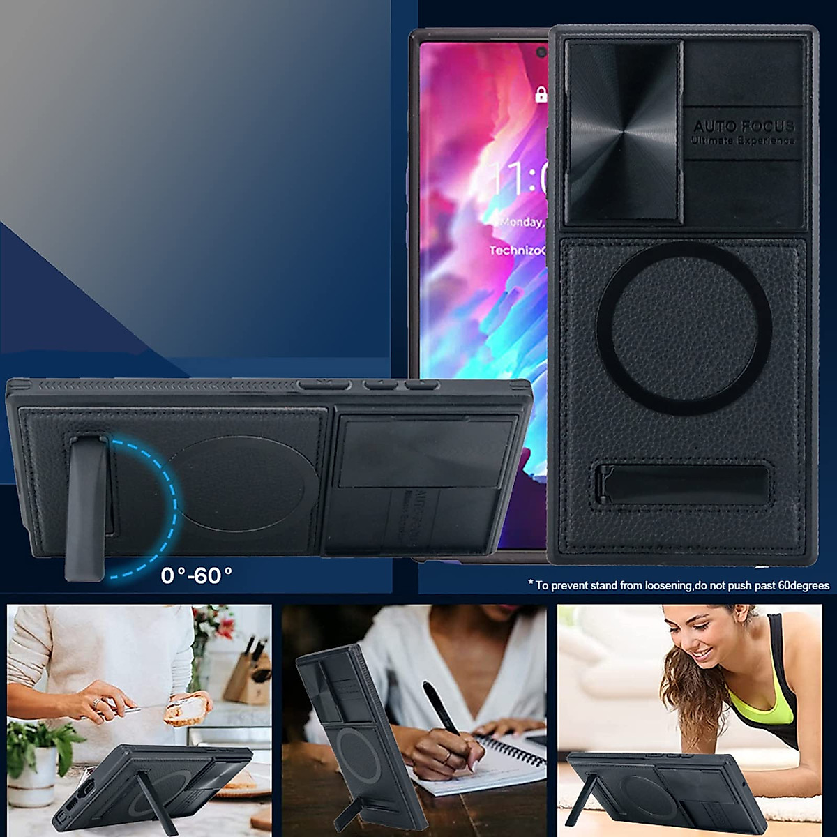 KUGEW for Samsung Galaxy S23 Ultra Case with Kickstand & Camera Cover, 3-Way Metal Stand[Horizontal & Vertical Stand] Luxury Leather Back Slim Fit Rugged Bumper Cover Heavy Duty Shockproof (Black)