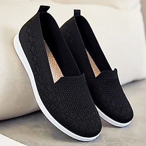 Women's Flat Breathable Fly Woven Mesh Sneakers,Casual Fashion Non-Slip Walking Shoes Comfortable Soft Sole Slip-on Loafers Tennis Shoes (Black-A,8)