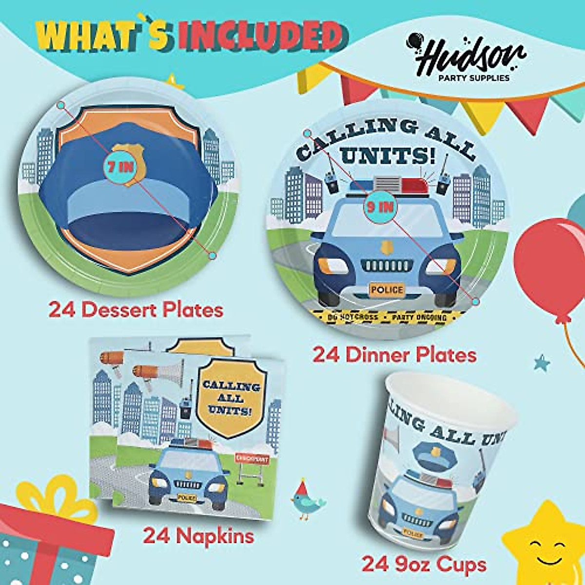 Police Birthday Party Supplies - (Serves 24) - Police Car Dinner Plates, Dessert Plates, Cups, Napkins. Swat decorations for Kids, Boys, Girls and More. Cops and Robbers Party Supply.