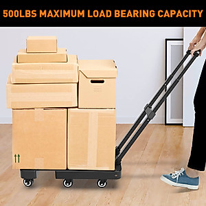 Ronlap Folding Hand Truck, Foldable Dolly Cart for Moving 500lbs Heavy Duty Luggage Cart Portable Platform Cart Collapsible Dolly with 6 Wheels & 2 Ropes for Travel House Office Moving, Black