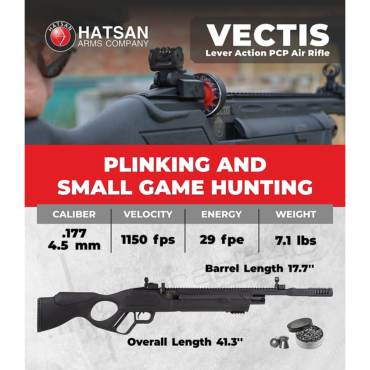 Hatsan Vectis Air Rifle with Pack of Pellets and 100x Paper Targets Bundle (Black Syn Stock) (.177 Cal + Ammo)Q