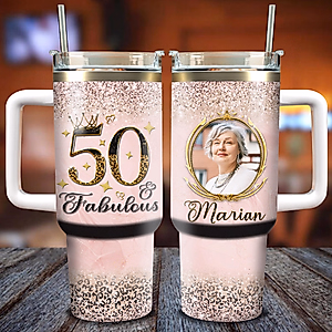 WAZONE Personalized 50th Birthday Tumbler Travel Coffee Mug Stainless Steel Tumblers With Lid 40oz Cups Custom Name Birthday Gifts For Women Mom Friends Family Sister Brother Dad Bff