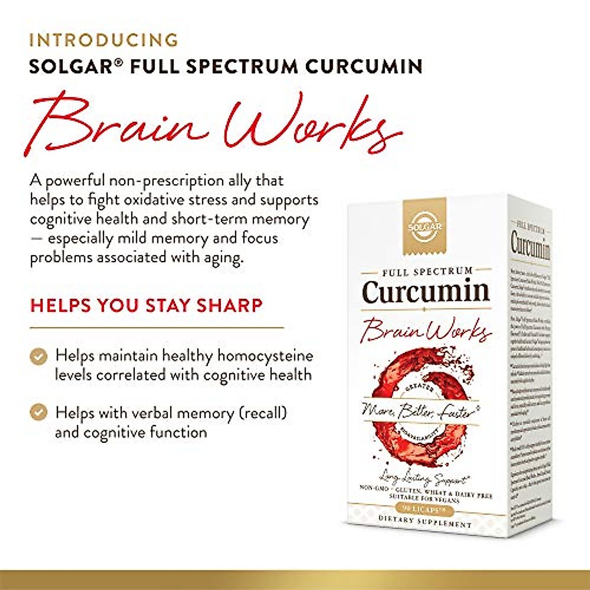 Solgar Full Spectrum Curcumin Brain Works, 90 Licaps - Support Memory Recall, Focus, Cognitive Function - Antioxidant Support - Curcumin, BacoMind, Choline, Vitamin B12 - Non-GMO, Vegan - (Pack of 2)