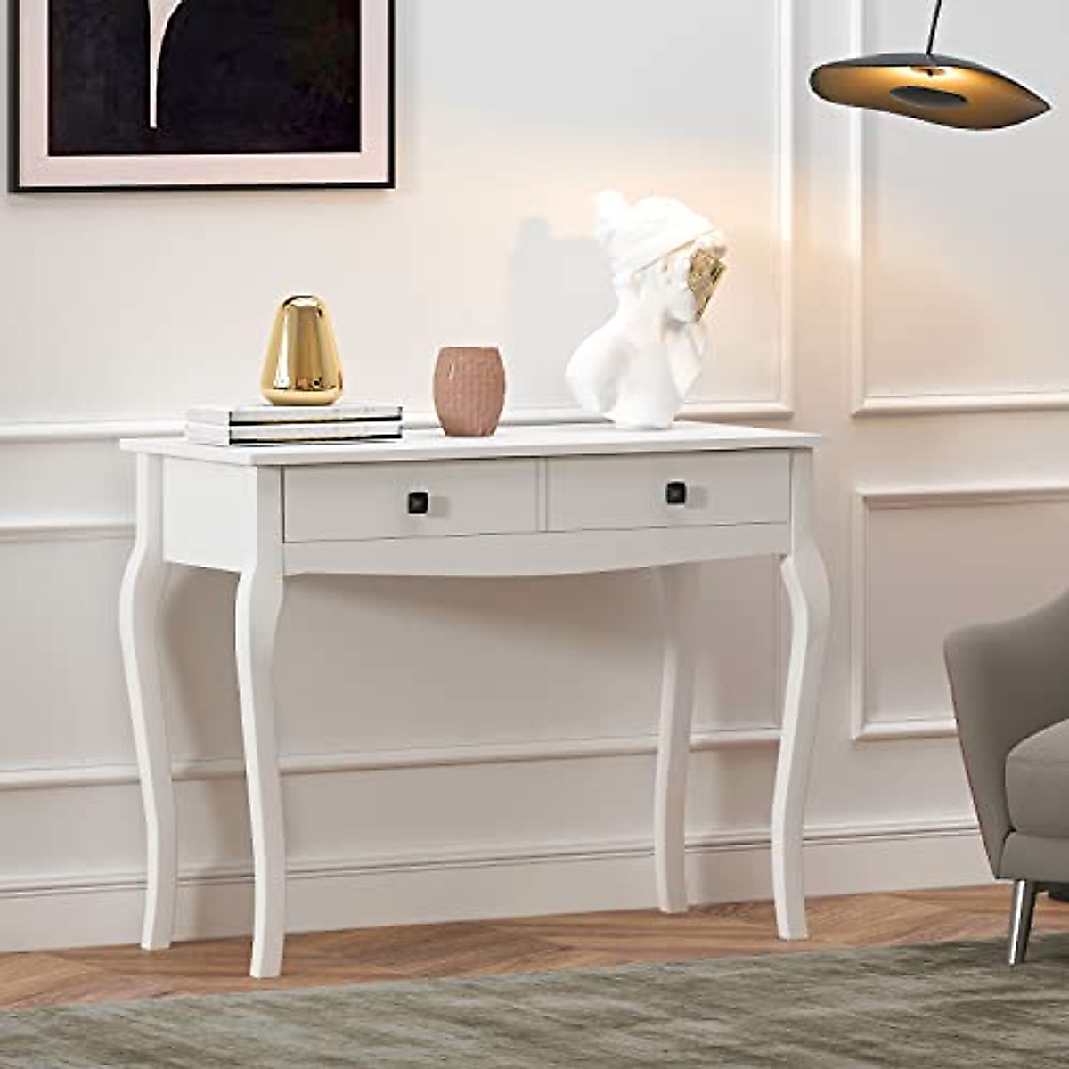 sogesfurniture White Vanity Desk with 2 Drawers, Home Office Desk Vintage Makeup Vanity Table, Curved Legs Writing Desk, Entryway Console Table for Bedroom, Entryway, Home Office