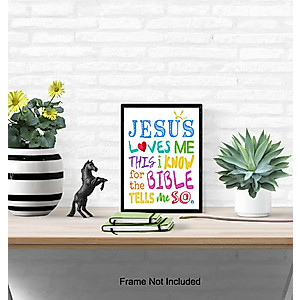 Religious Christian Kids Room Decor for Girls, Boys, Toddler Bedroom - Cute Baby Shower Gift - Jesus Loves Me Bible Verse Wall Art Print - 8x10 Poster Picture