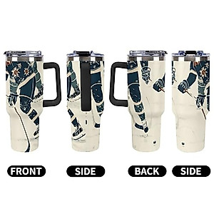 LLUTSNTH 40 Oz Vacuum Tumbler with Black Handle Leakproof Insulated Tumbler Ice Hockey Pattern Stainless Steel Travel Mug with Lid And Straw Coffee Cup Cute Water Bottles Cup Holder Friendly