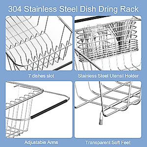 Sink Dish Drying Rack, 304 Stainless Steel Rustproof Expandable Dish Drainer Organizer with Stainless Steel Silverware Holder Over Inside Sink-Adjustable 14.96" to 20.59" （Maximium 11 Upright Dishes ）