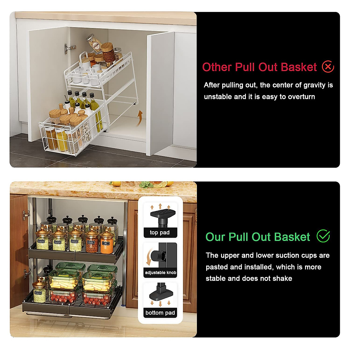 moapm Pull Out Cabinet Organizer Wire Basket Slide Out Cabinet Drawer 2 Tier Individual Storage Shelves Spice Rack Under Sink Organizers and Storage for Kitchen, Bathroom Double Layer