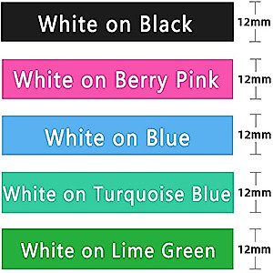 Label KINGDOM Compatible Label Tape Replacement for Brother P Touch TZe TZ Tape 12mm 0.47 Inch Laminated (White on Black,Blue,Turquoise Blue,Berry Pink,Lime Green) for Brother PTD210 PTH110 PTD400