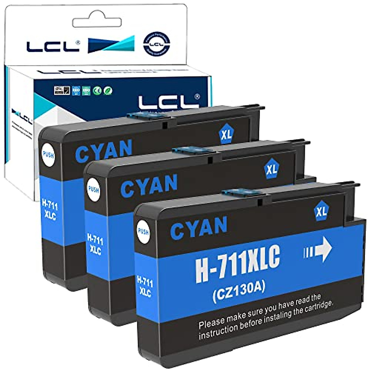 LCL Compatible Ink Cartridge Pigment Replacement for HP 711XL 711 XL CZ130A CZ134A Designjet T120 24 T120 610 T520 24 T520 36 T520 610 T520 914 T125 24 (3-Pack Cyan)