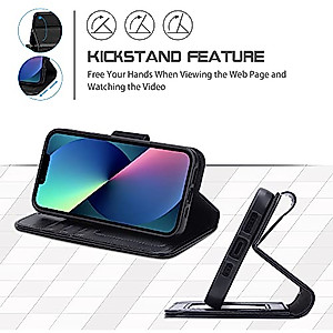 Arae Compatible with iPhone 13 Case [Not for iPhone 13 Pro] with Card Holder and Wrist Strap Wallet Flip Cover for iPhone 13 6.1 inch-Black